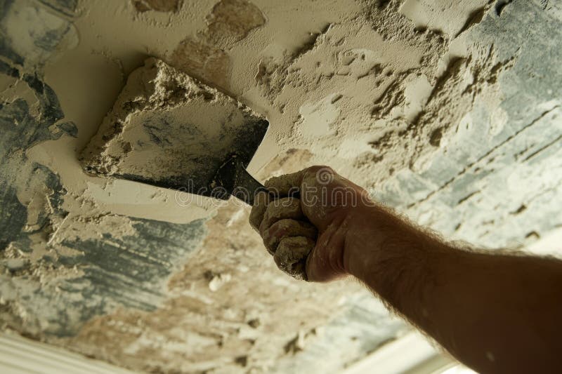 With a Trowel in Hand, a Man Smooths Plaster Onto a Ceiling in a Skim ...