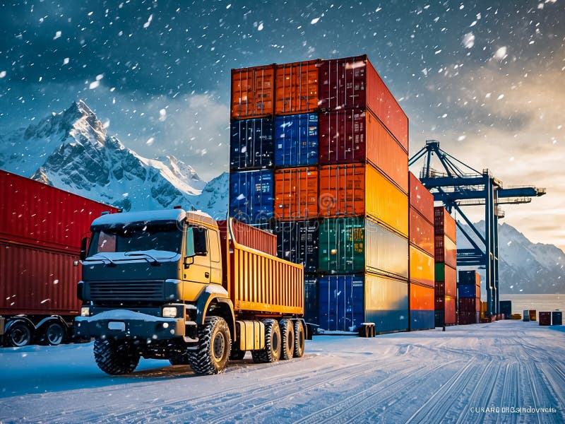 Truck Already Loaded the Container Park Near the Stack of Containers in the Sea Port during Snow ...