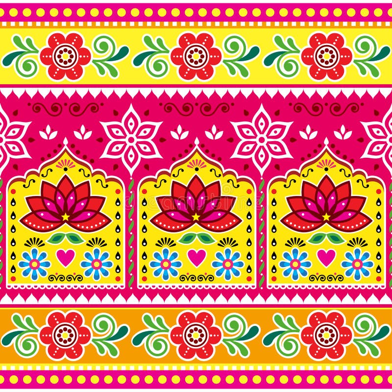Indian and Pakistani Truck Art Inspired Vector Seamless Pattern with ...