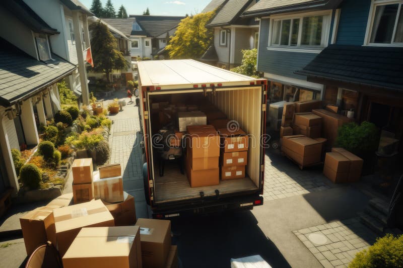 Truck and Boxes Near the House, Moving To Another House Stock ...