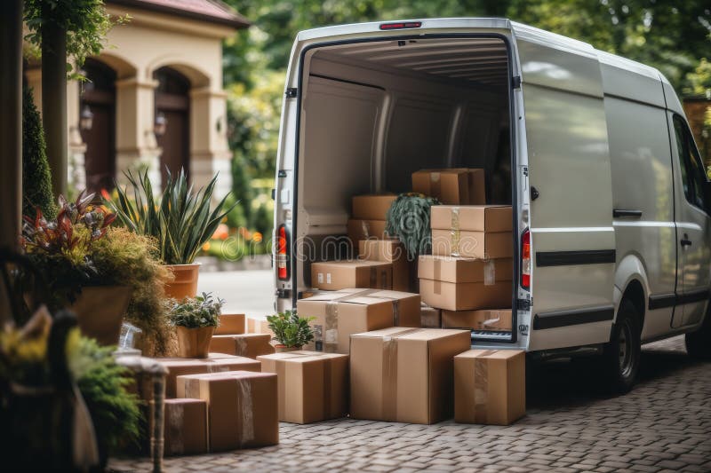Truck and Boxes Near the House, Unloading and Moving To Another House ...