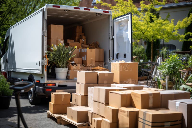 Truck and Boxes Near the House, Unloading and Moving To Another House ...