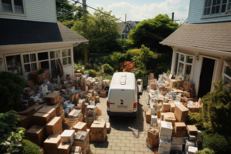 Truck and Boxes Near the House, Unloading and Moving To Another House ...