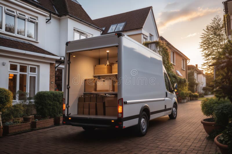 Truck and Boxes Near the House, Unloading and Moving To Another House ...