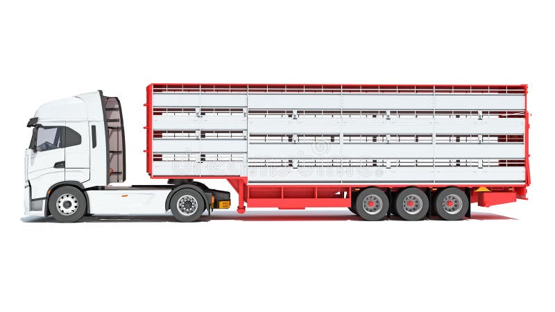 Truck with Cattle Animal Transporter Trailer 3D Rendering on White ...