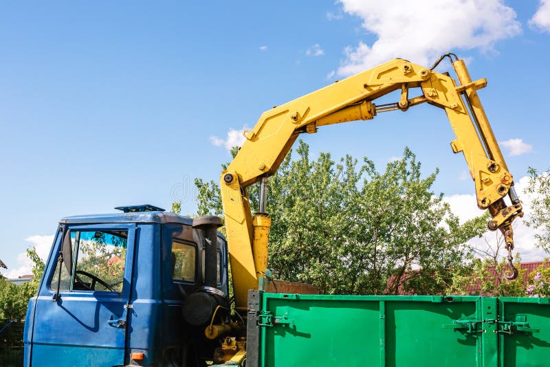 Truck. Close-up Manipulator Jib with Big Heavy Hook. Load and Unloading ...