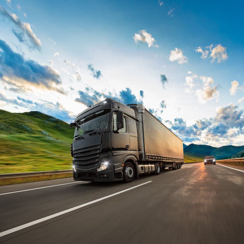 Truck with Container on Road, Cargo Transportation Concept. Stock Photo ...