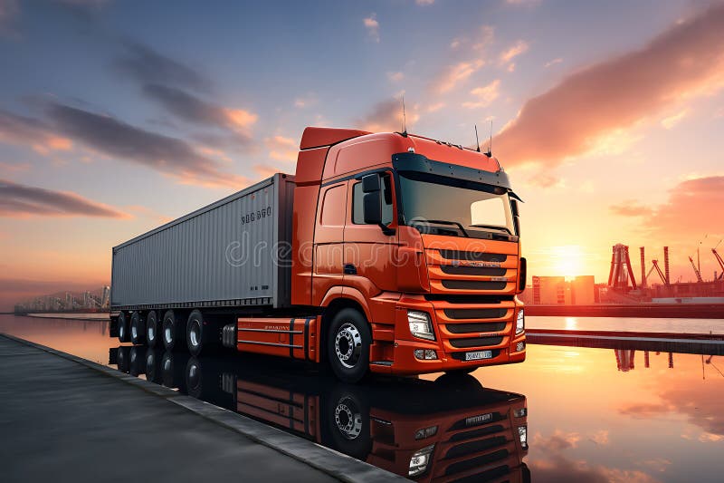 Truck with Container on the Road at Sunset. Transportation and ...
