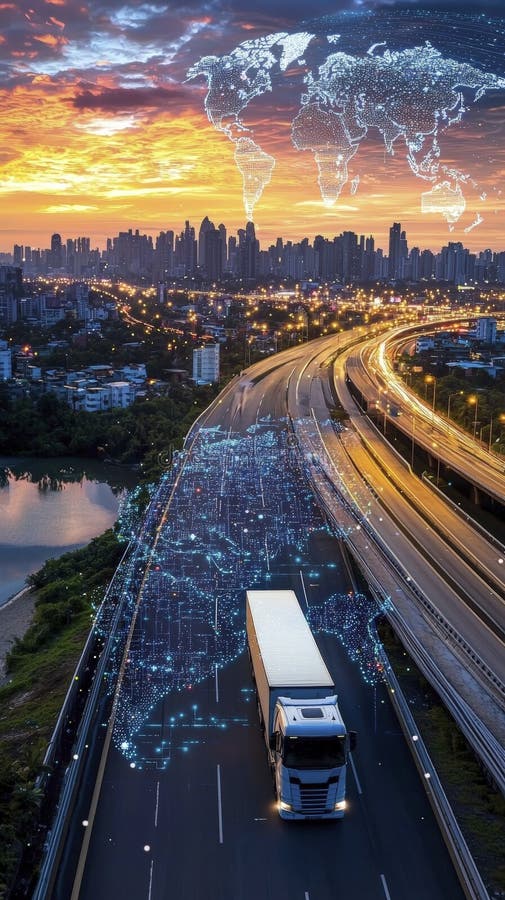 Truck on Digital Map Overlay Highway To Cityscape Stock Illustration ...