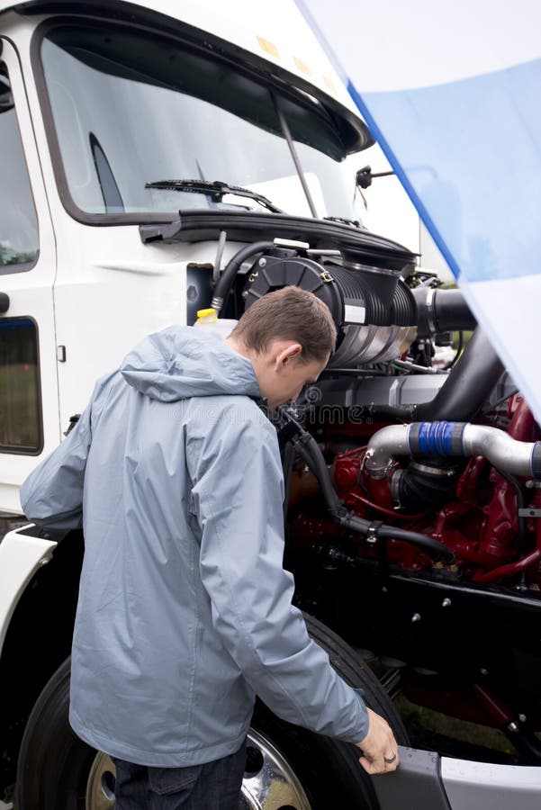 Truck Driver Checking Operation Engine Semi Truck with Open Hood Stock ...