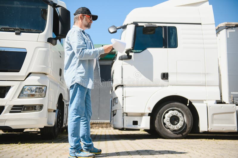 Truck Driver Checking Shipment List while Standing on Parking Lot of ...