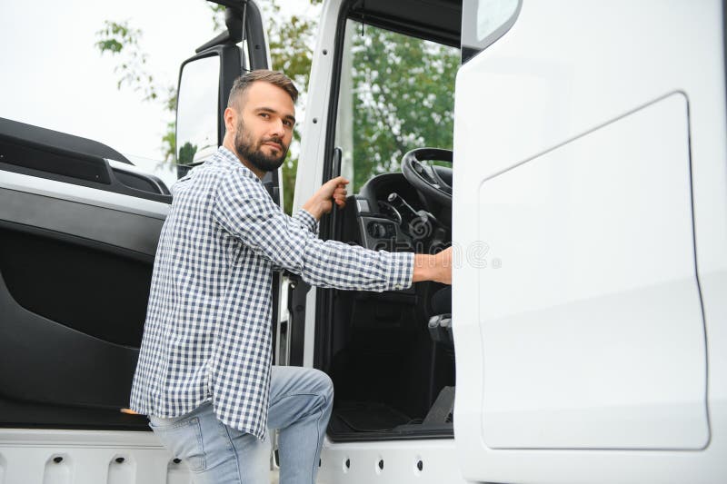 Truck Driver Climbing into Cab of Semi-truck Stock Image - Image of ...