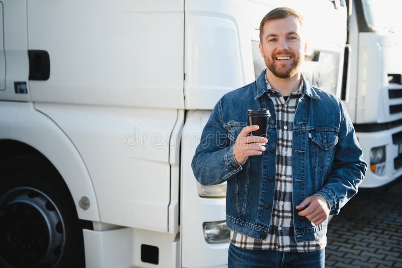 The Truck Driver Drinks Coffee. the Truck Driver Rests in the Parking ...