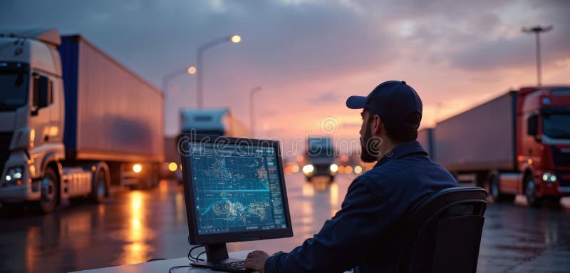 Truck Driver Monitors Logistics Operation on Computer at Dusk in ...