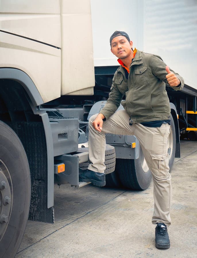 Truck Driver with Semi Truck Giving Thumbs-up Stock Image - Image of ...