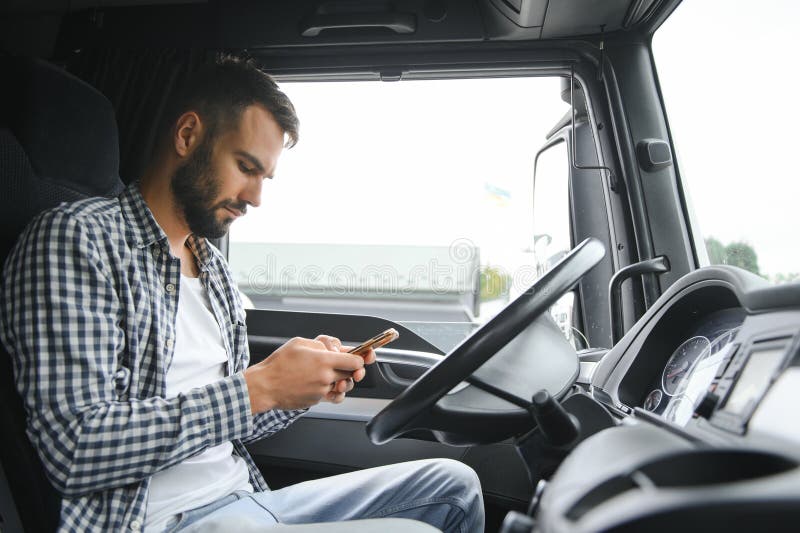 Truck Driver Sitting in Cab Stock Image - Image of steering, male ...