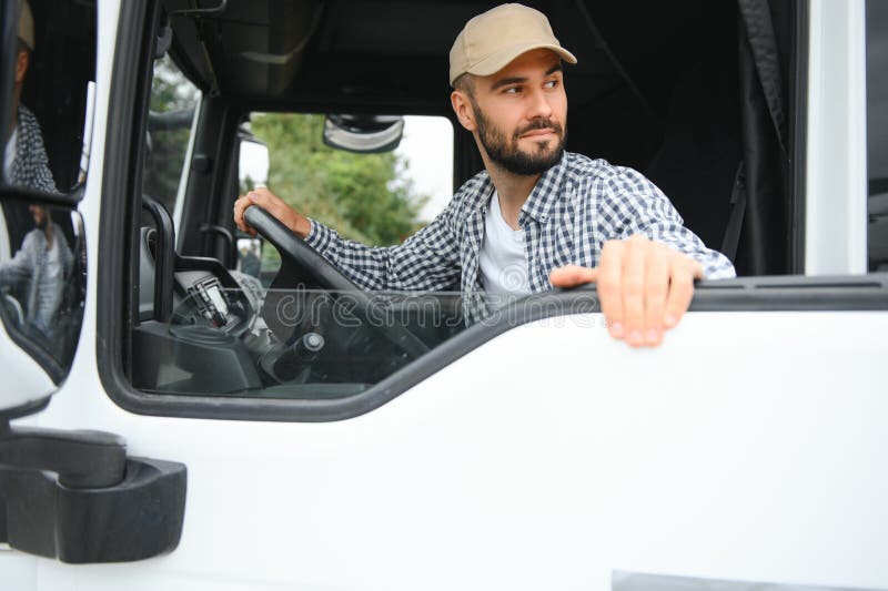 Truck Driver Sitting in Cab Stock Image - Image of logistics, inside ...