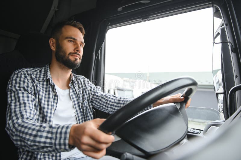 Truck Driver Sitting in Cab Stock Photo - Image of driver, hauler ...