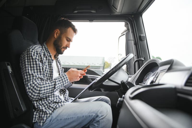 Truck Driver Sitting in Cab Stock Photo - Image of color, logistics ...
