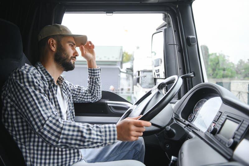Truck Driver Sitting in Cab Stock Photo - Image of distribution, stop ...