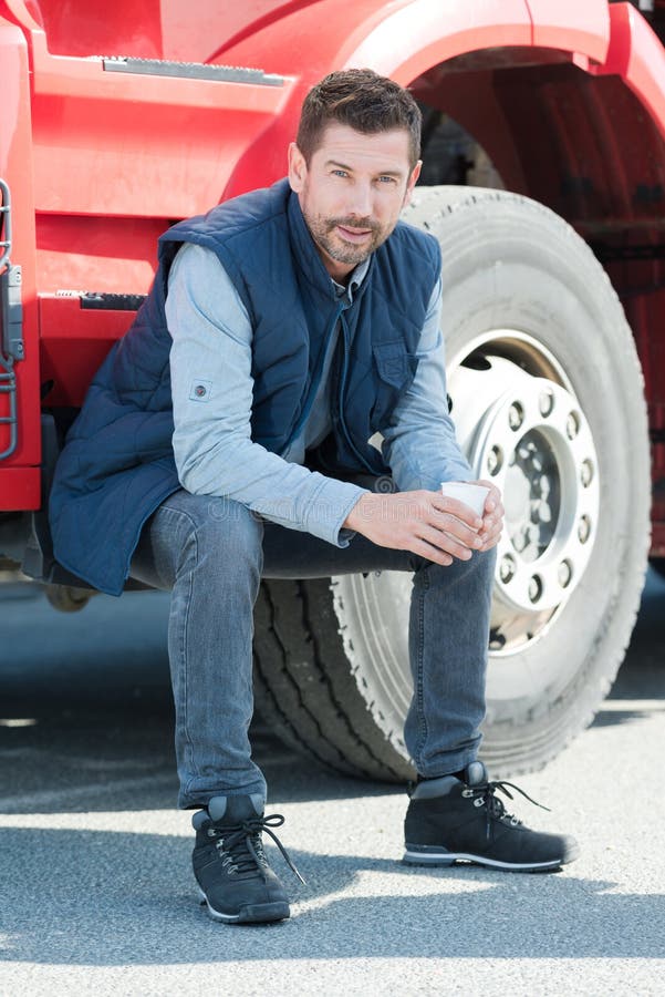 Truck Driver Sitting on Steps Cab Stock Image - Image of looking ...