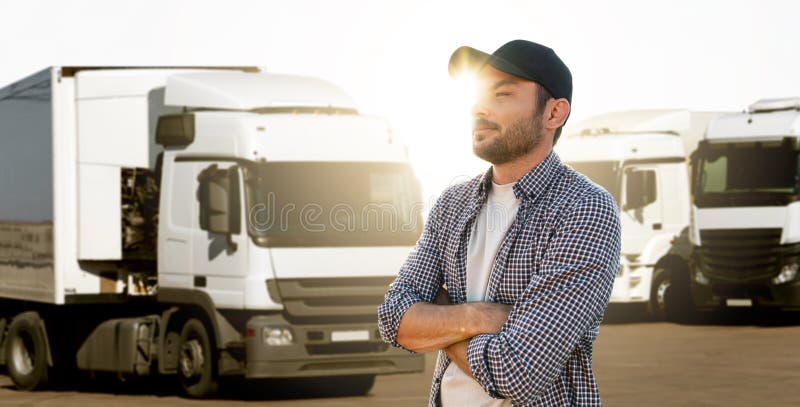 Truck Driver in Front of Trucks Stock Image - Image of truck ...