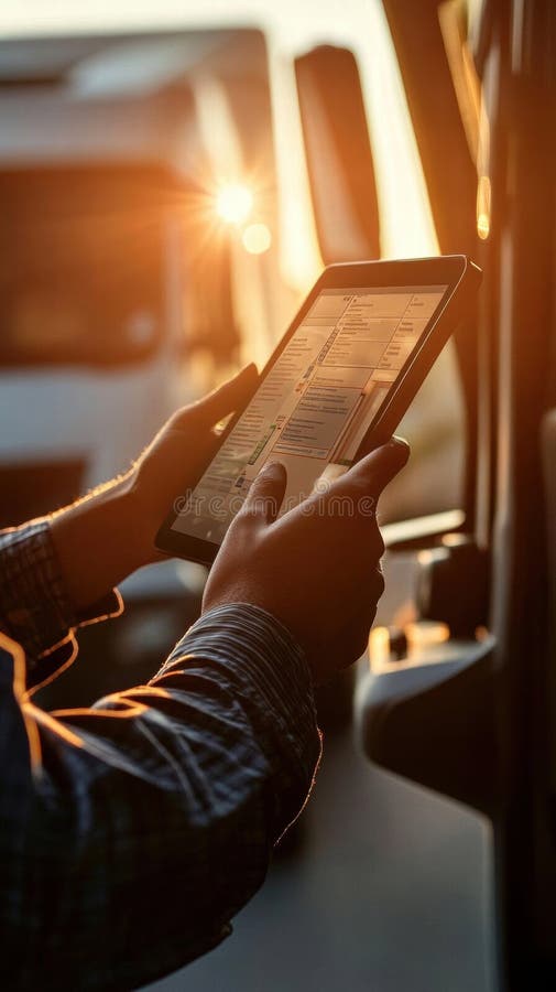 Truck Driver Using Tablet for Logistics and Route Planning at Sunset ...