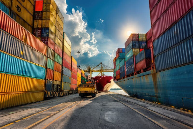 A Truck Drives Alongside a Large Container Ship on a City Street Stock ...