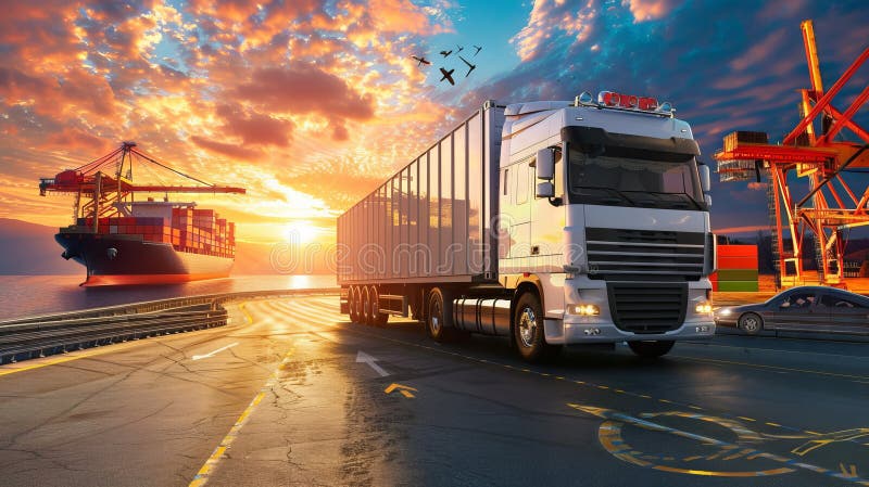 Truck Driving at Container Port with Crane and Ship in the Background ...