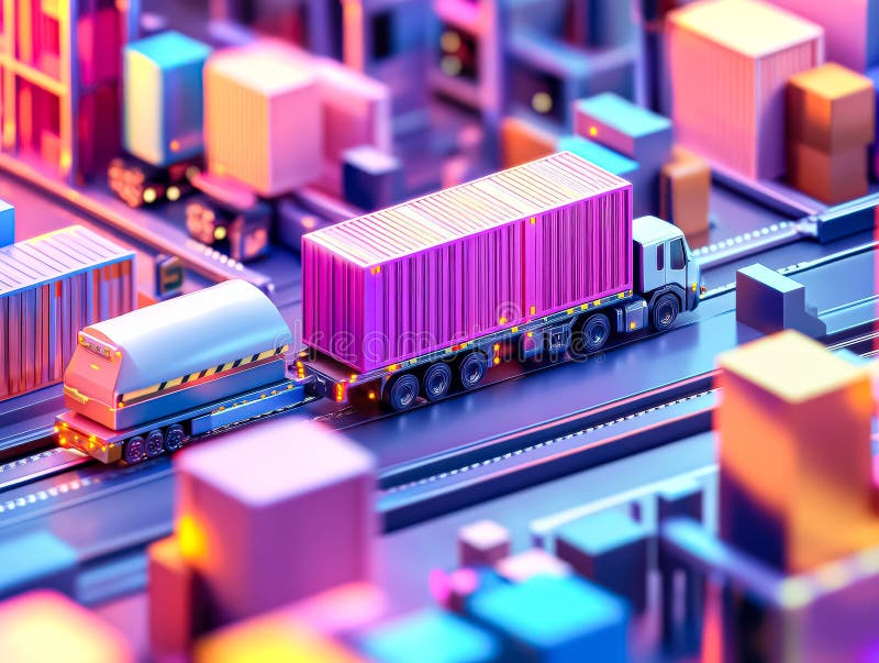 Truck is Driving Down a Road with a Large Container on the Back Stock ...