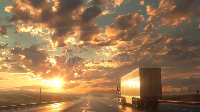 Truck Driving on Highway at Sunset with Dramatic Sky and Clouds Stock ...
