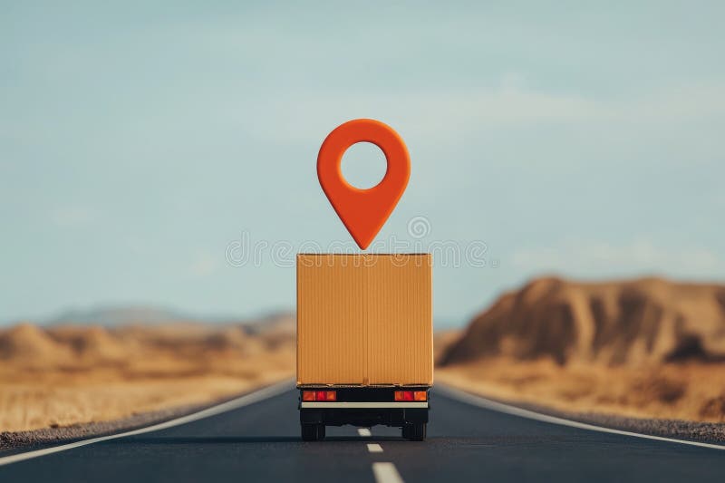 Truck Driving on Open Road with Location Pin Stock Photo - Image of ...