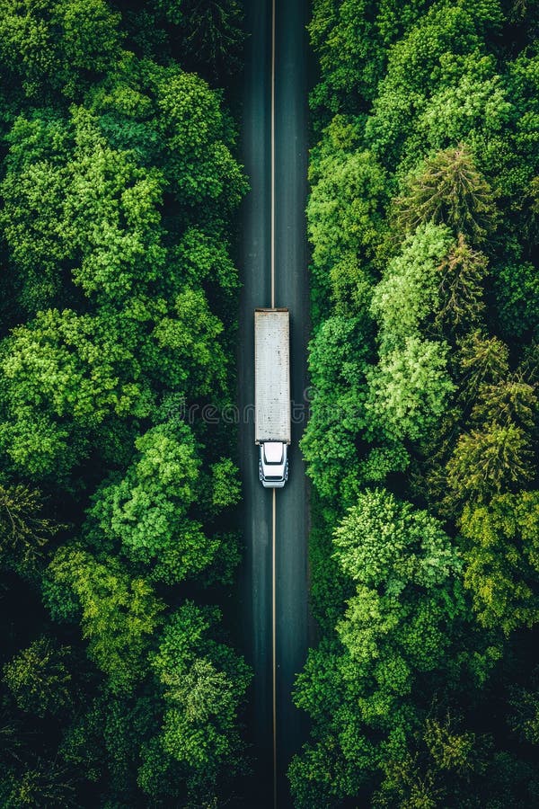 Truck Driving on the Road in the Forest Top View. Selective Focus Stock ...