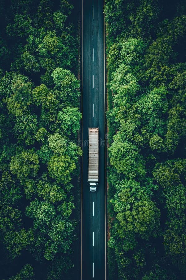Truck Driving on the Road in the Forest Top View. Selective Focus Stock ...
