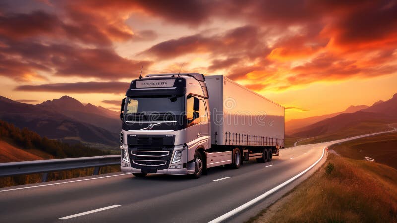 Truck Driving on a Road at Sunset Stock Illustration - Illustration of ...
