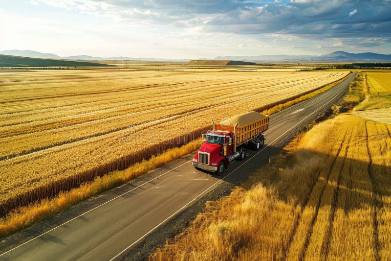 Truck Driving on Road with Wheat Fields and Clouds Backdrop Stock Photo ...
