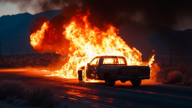 A Truck is Engulfed by Flames on the Side of the Road Stock Image ...