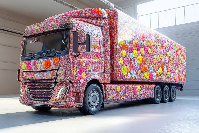 The Truck Features a Yellow Backdrop Adorned with Spring Flowers Stock ...