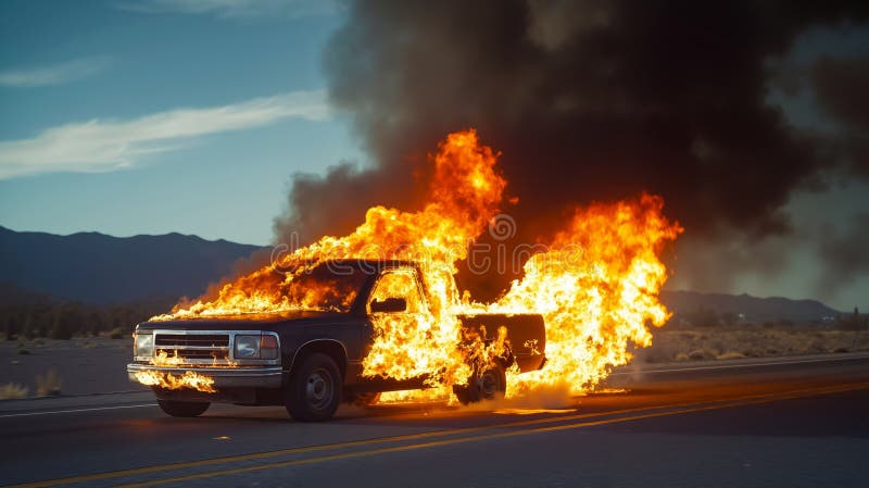 A Truck on Fire on the Side of the Road Stock Image - Image of yellow ...