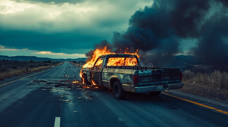 A Truck on Fire on the Side of the Road Stock Photo - Image of flames ...