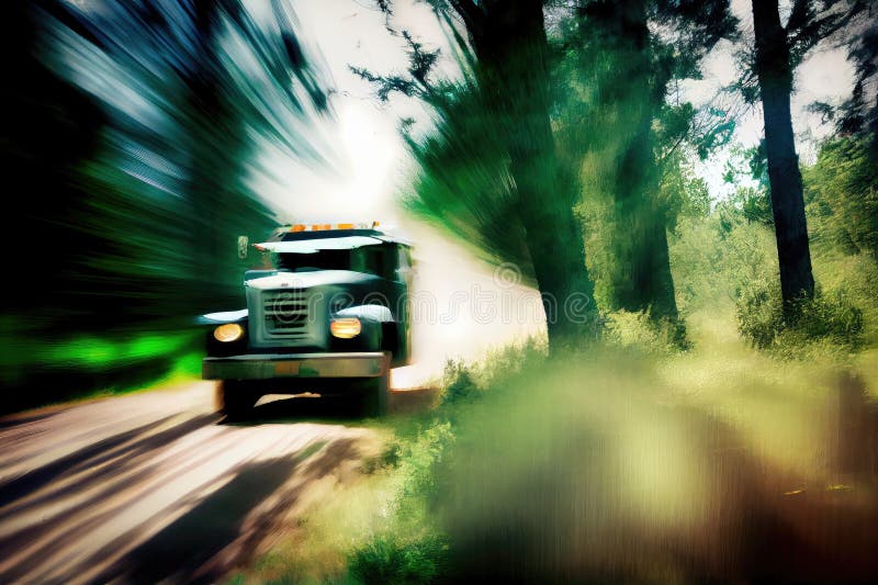 Truck Flying Past Forest with Trees and Branches Whizzing by in Blur ...