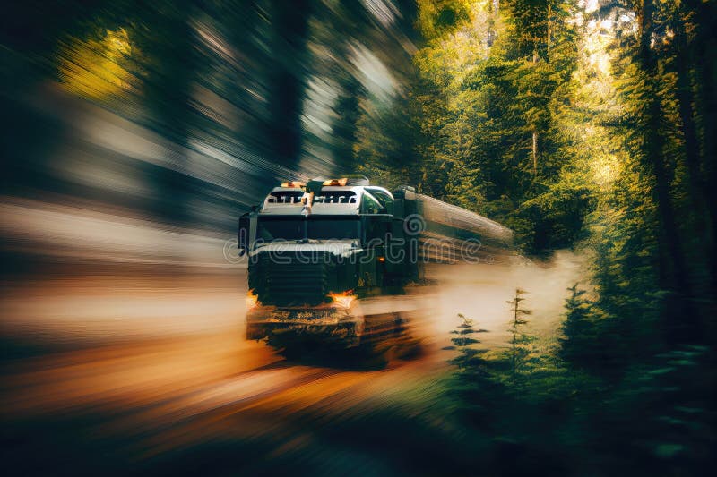 Truck Flying Past Forest with Trees and Branches Whizzing by in Blur ...