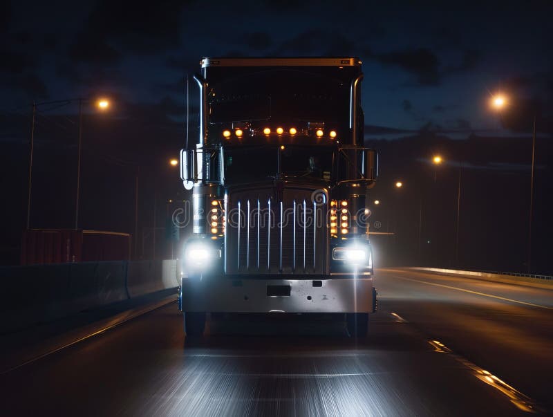 A Truck with Headlights on, Driving through the Night Stock Image ...