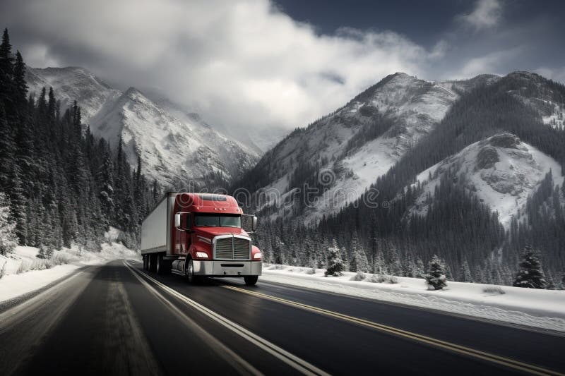 Truck on the Highway, Background with Mountains at Winter. Generative ...