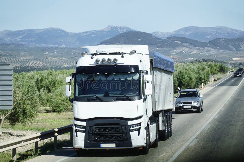Truck on a Highway - Front View, Mountains on Second Plan Stock Image ...