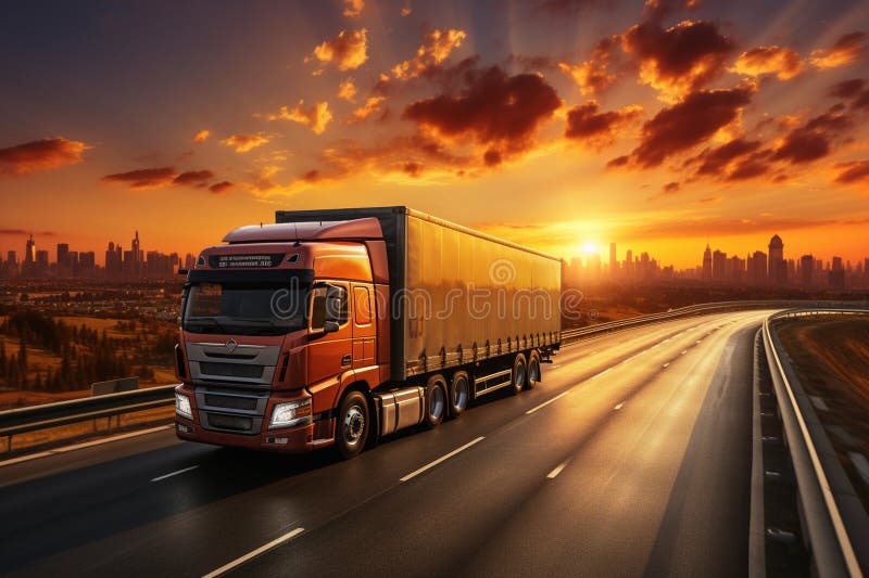 Truck on the Highway at Sunset. Transportation and Logistics Concept ...