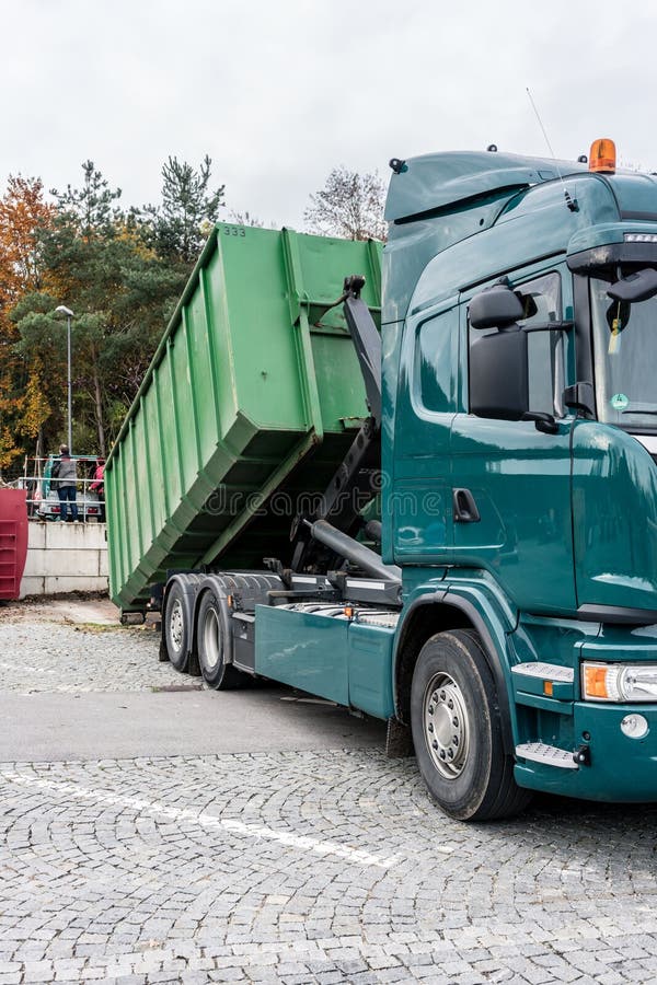Truck Loading Container with Waste in Recycling Center Stock Photo ...