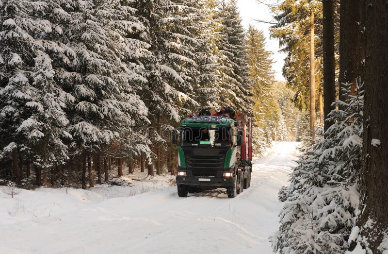 Truck with Log in Road in Forest in Winter Stock Image - Image of ...