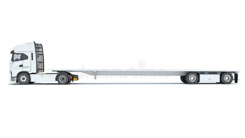Truck with Lowboy Flatbed Trailer 3D Rendering on White Background ...
