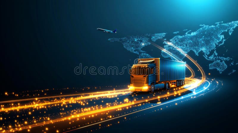 Truck Transporting Goods with Glowing Trails on a Digital Map ...